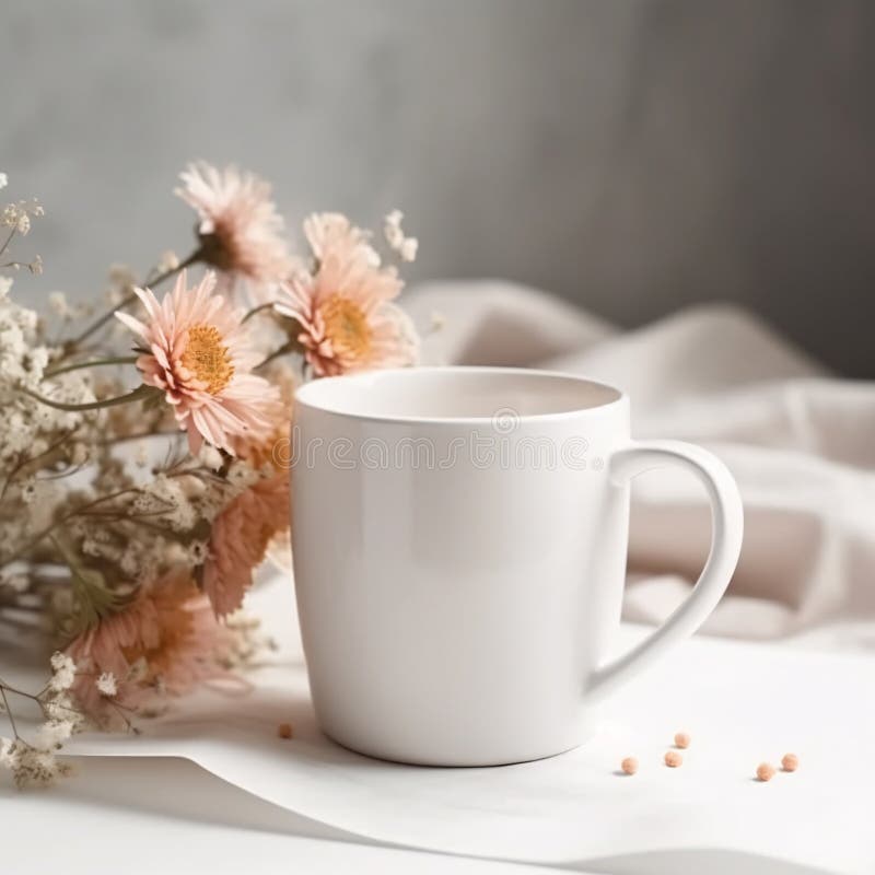 Spring White Mug Mockup on Table with Flowers. Coffee Cup Template. Cup ...