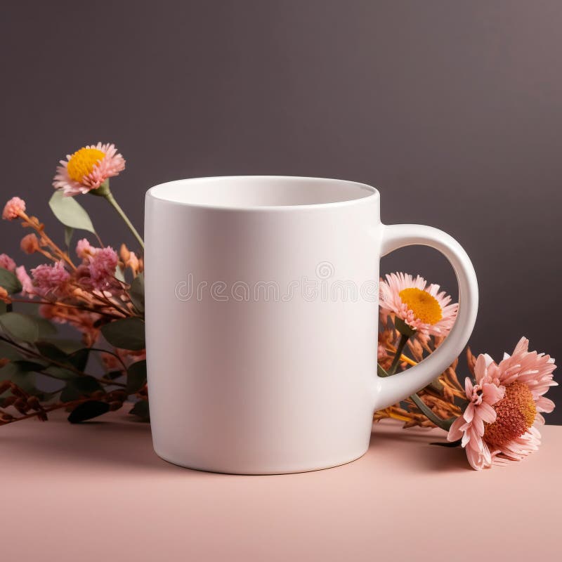 Spring White Mug Mockup on Table with Flowers. Coffee Cup Template. Cup ...