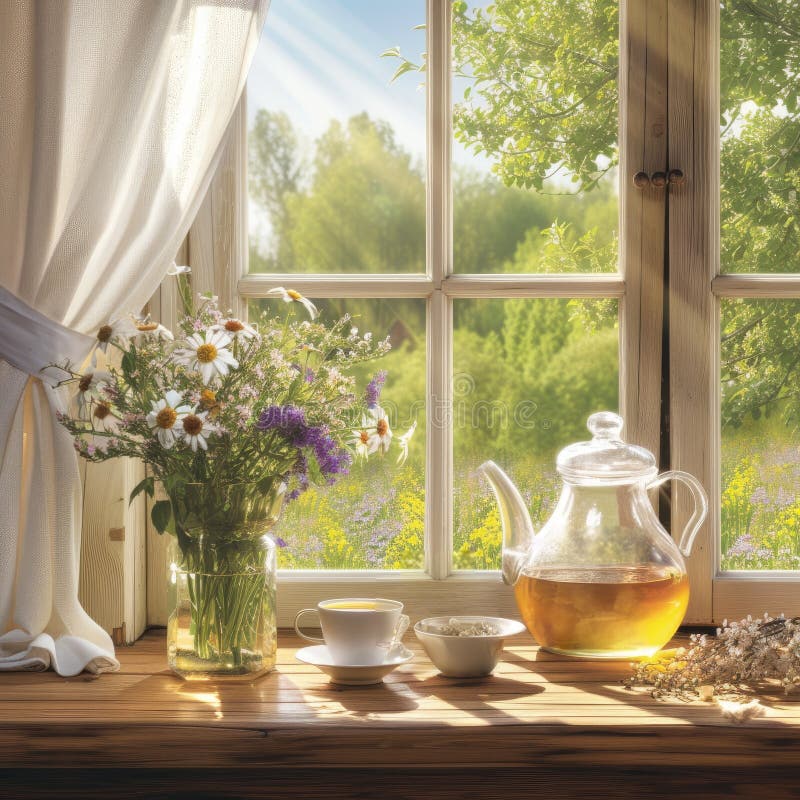 Spring, Window with Cup of Tea, Flowers and Decors. Generative AI Stock ...