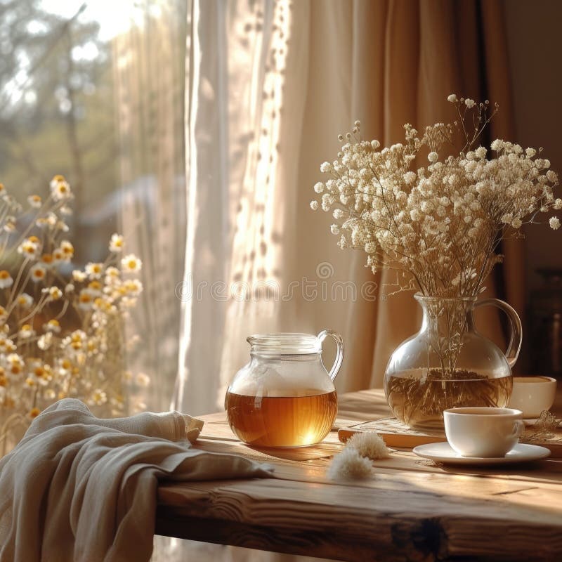 Spring, Window with Cup of Tea, Flowers and Decors. Generative AI Stock ...