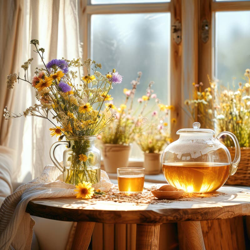 Spring, Window with Cup of Tea, Flowers and Decors. Generative AI Stock ...