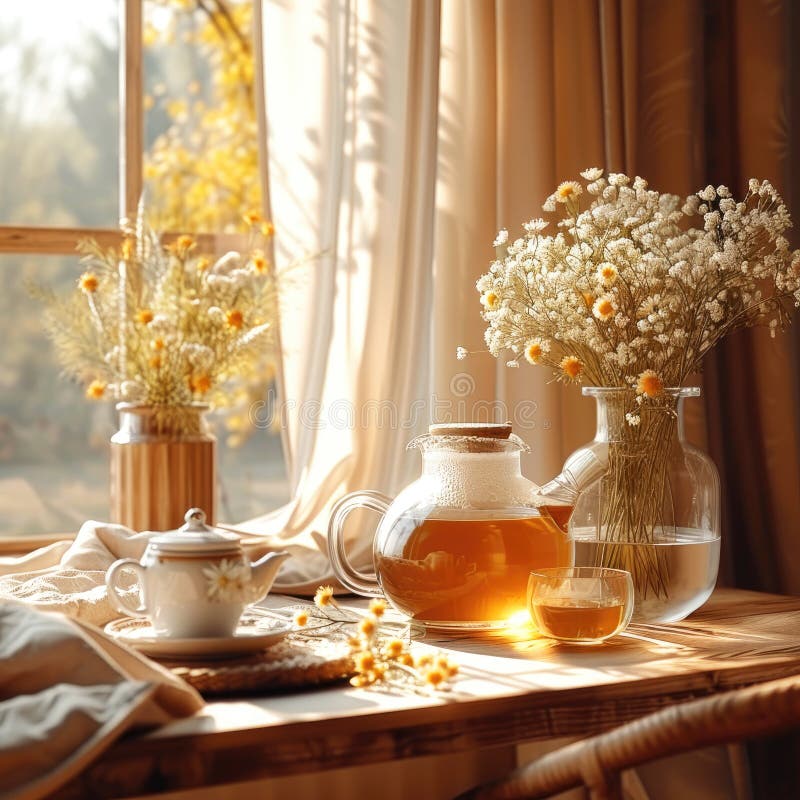 Spring, Window with Cup of Tea, Flowers and Decors. Generative AI Stock ...