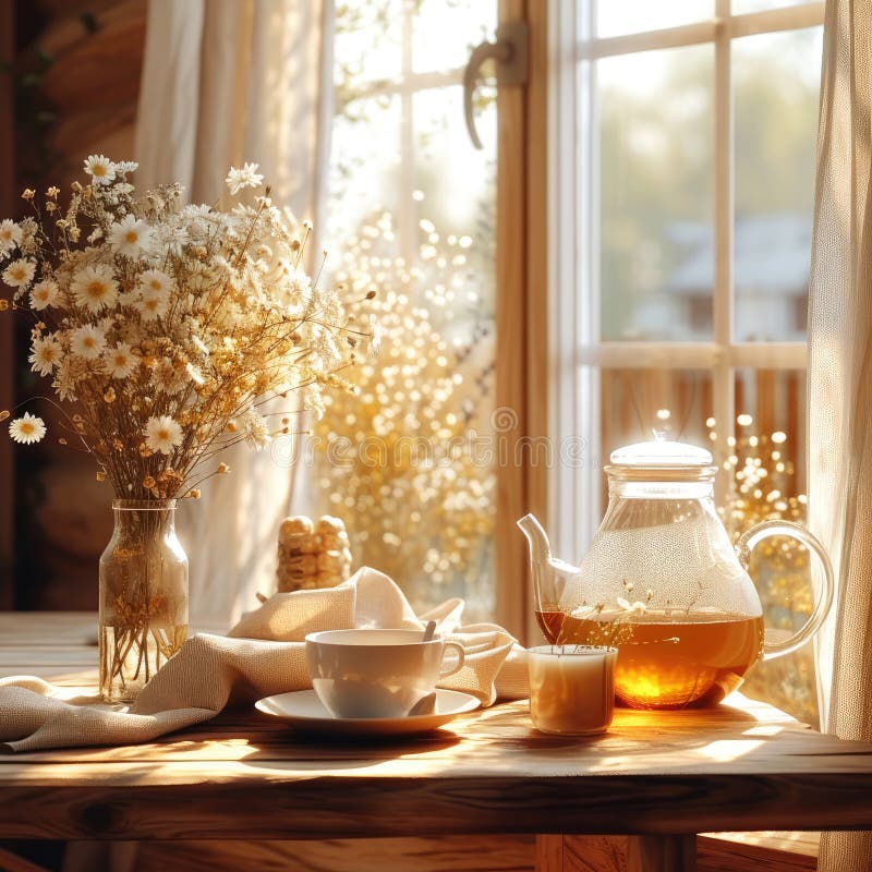 Spring, Window with Cup of Tea, Flowers and Decors. Generative AI Stock ...