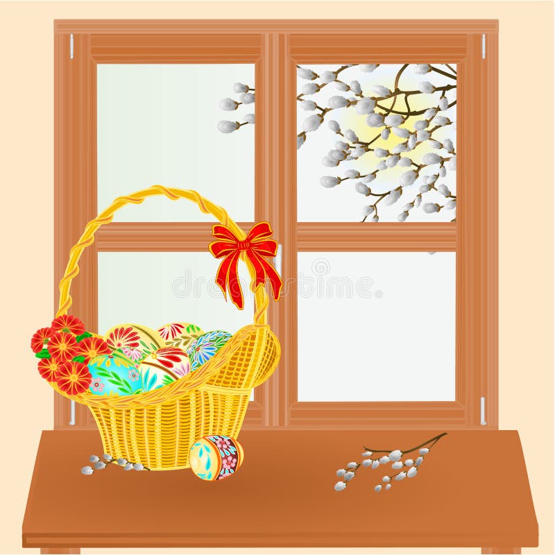 Spring Window with Easter Basket Vector Stock Vector - Illustration of ...