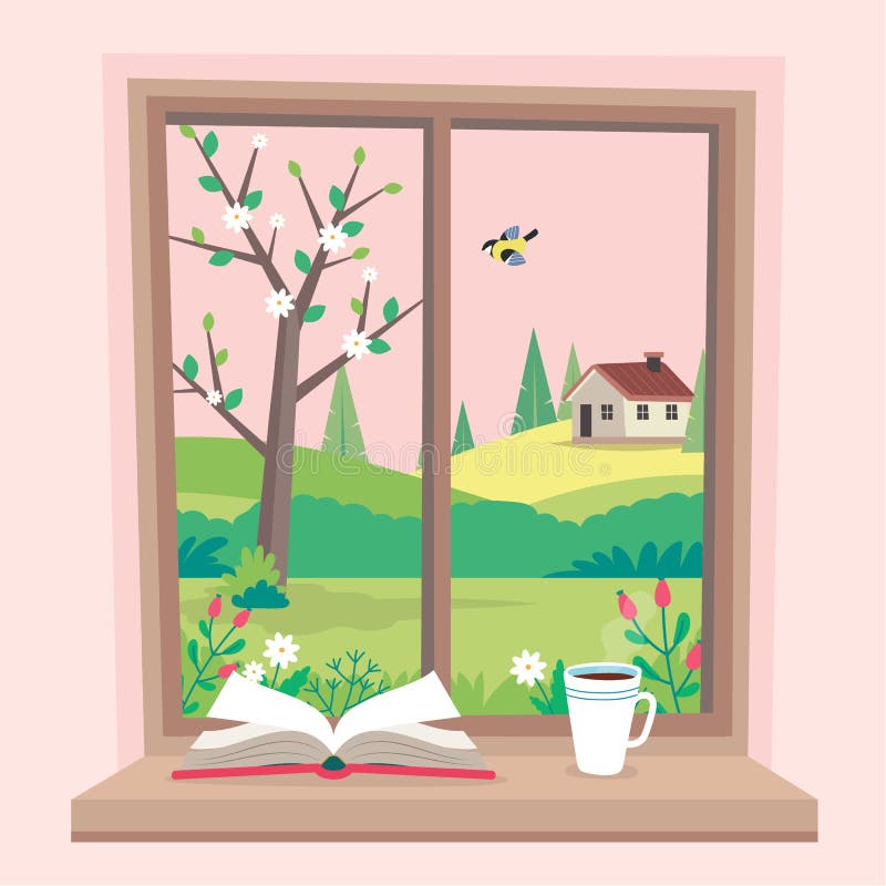 Spring Window with View, a Book and a Coffee Cup on the Sill. Cute Cozy ...