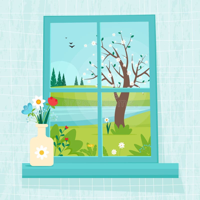 Spring Window with View, Vase with Flowers on the Sill. Cute Cozy ...