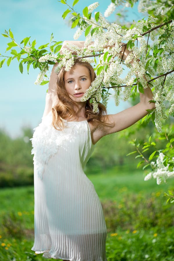 Spring Woman Blossoming Garden Stock Image - Image of flower, care ...