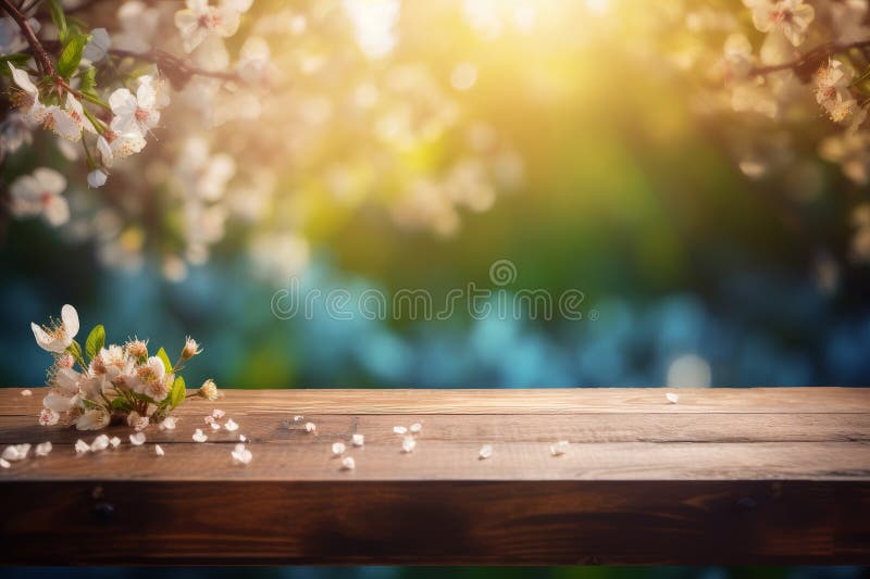 Spring Wooden Table Tree Blossom. Generate Ai Stock Illustration ...