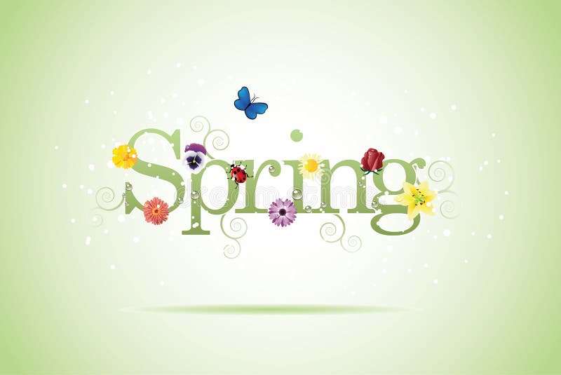 Spring Word in Flat Design with Leaves and Colorful Flowers. Stock ...