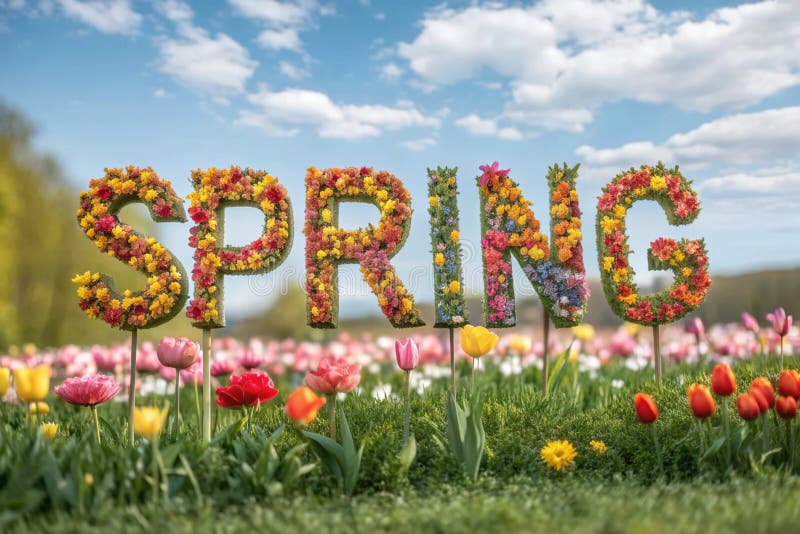 SPRING Word Formed by Flowres Surrounded by Flowers in the Background ...
