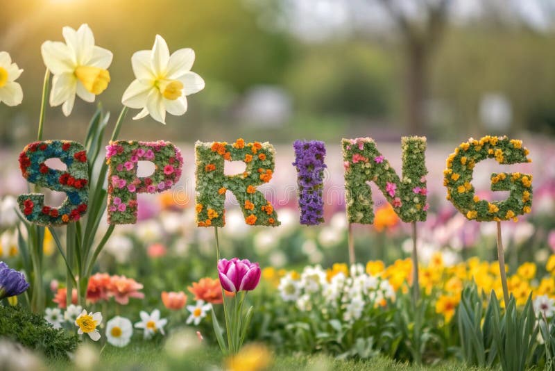 SPRING Word Formed by Flowres Surrounded by Flowers in the Background ...