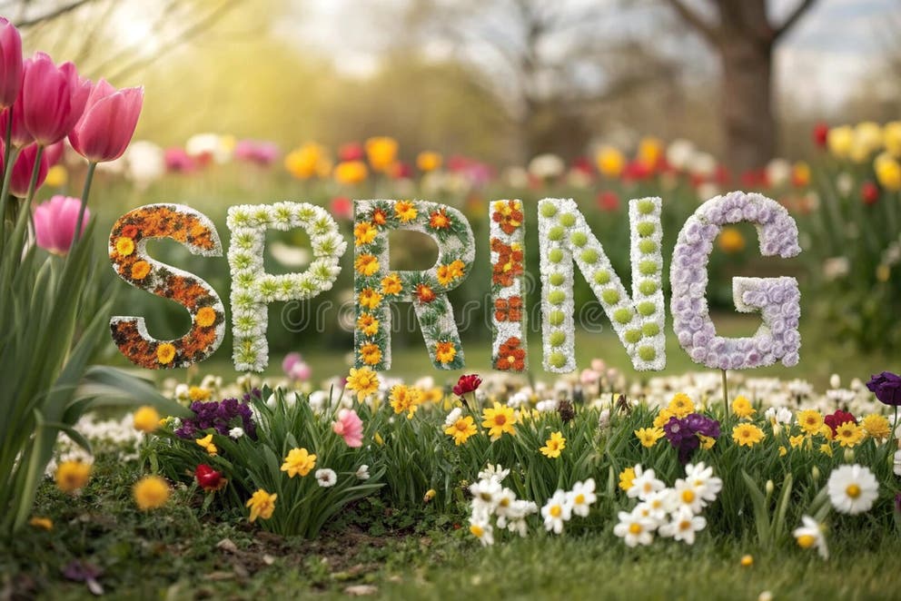 SPRING Word Formed by Flowres Surrounded by Flowers in the Background ...