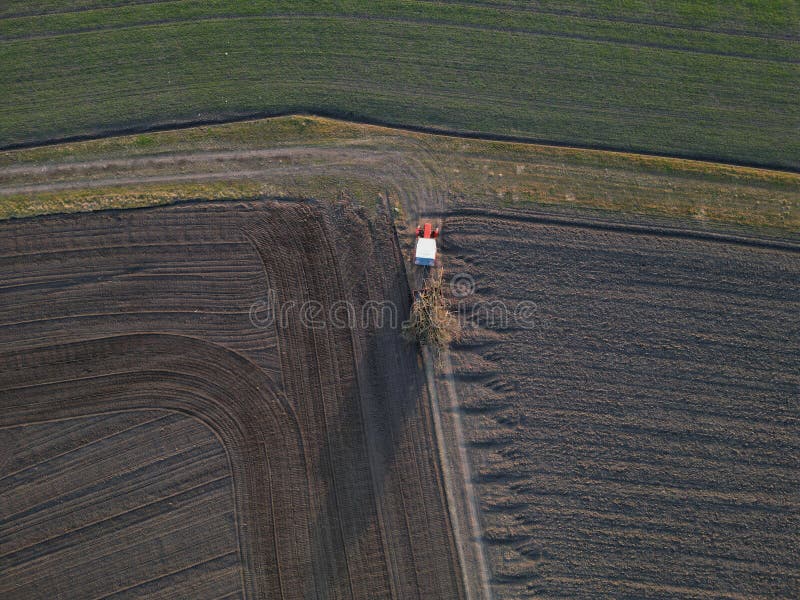 Spring Work in the Field. Tractor Carries Branches Cut Somewhere Stock ...