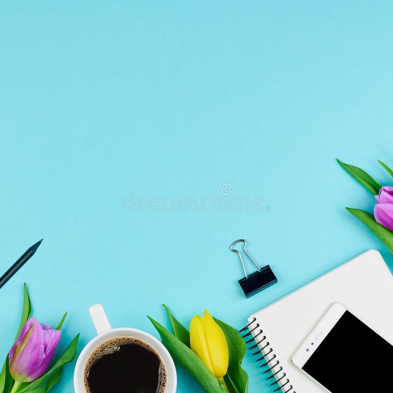 Spring workplace stock image. Image of mockup, flowers - 87617779