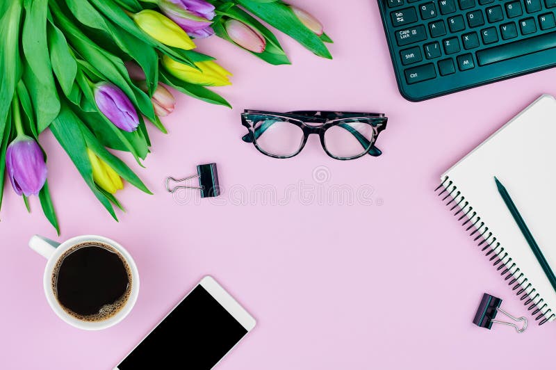 Spring workplace stock image. Image of pink, flower, coffee - 87875485