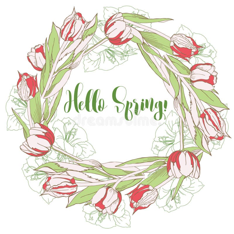 Spring Wreath with Pink White Tulips Stock Vector - Illustration of ...