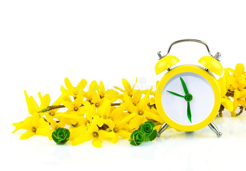Spring Yellow Concept with Clock and Flowers Stock Photo - Image of ...