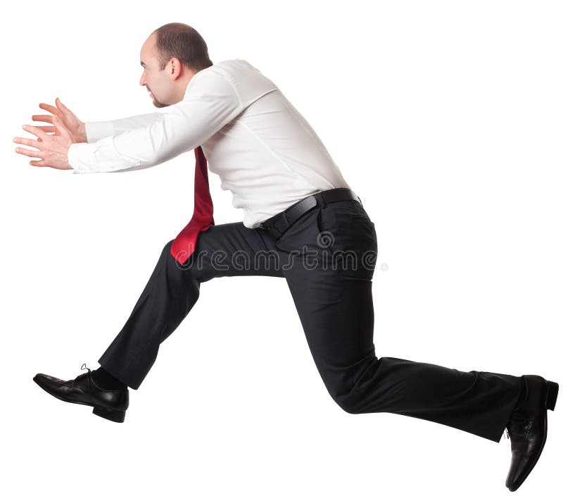 Springender Mann auf Weiß stockfoto. Bild von kaukasisch - 66087266
