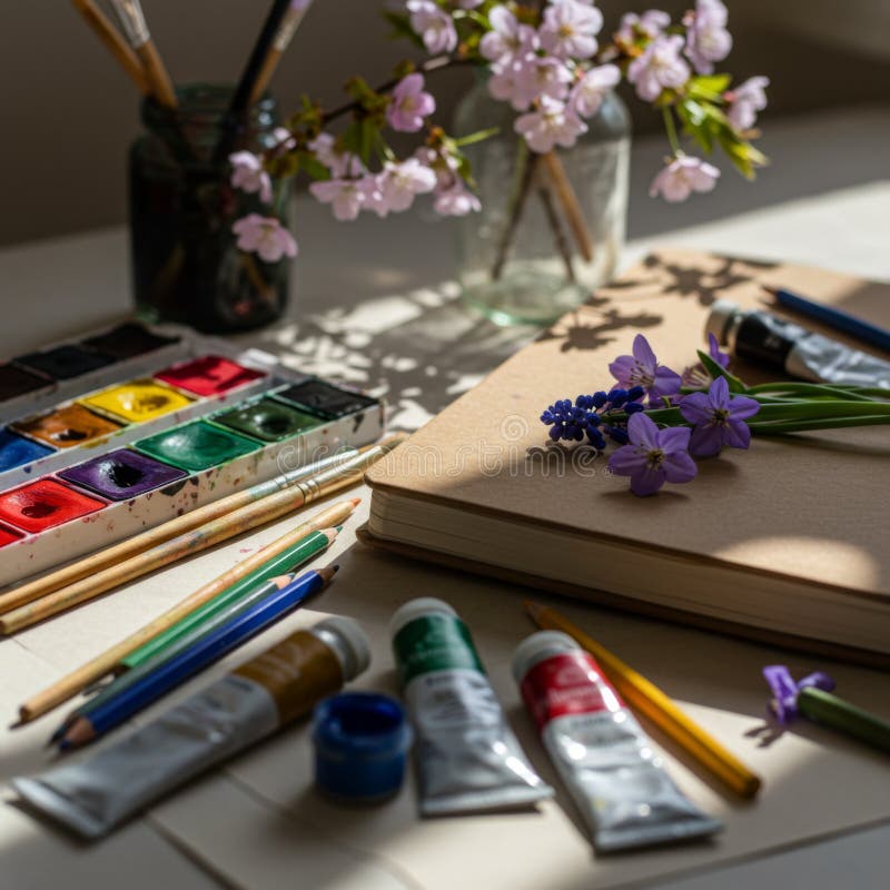 Springtime Artist Workspace with Watercolor Paints and Flowers Stock ...