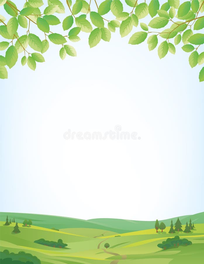 Springtime Background with Landscape and Leaves Border Stock Vector ...
