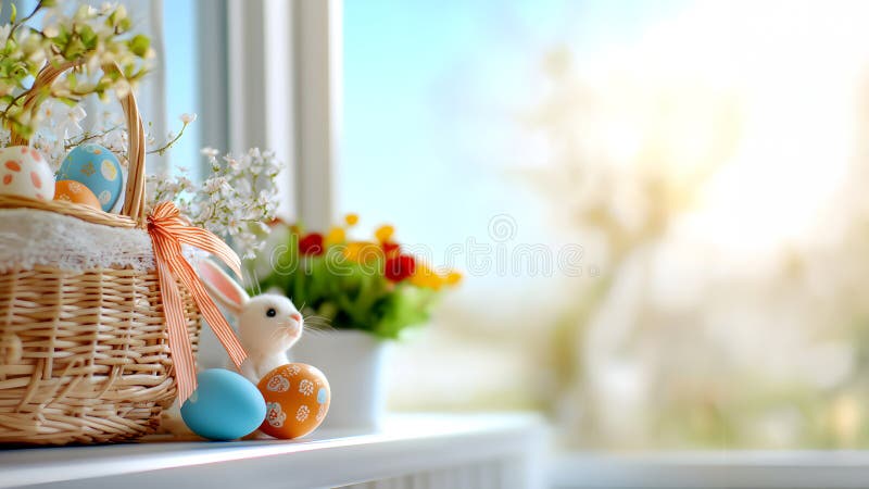 Springtime Basket with Easter Eggs, White Bunny, and Blossoms on Sunny ...