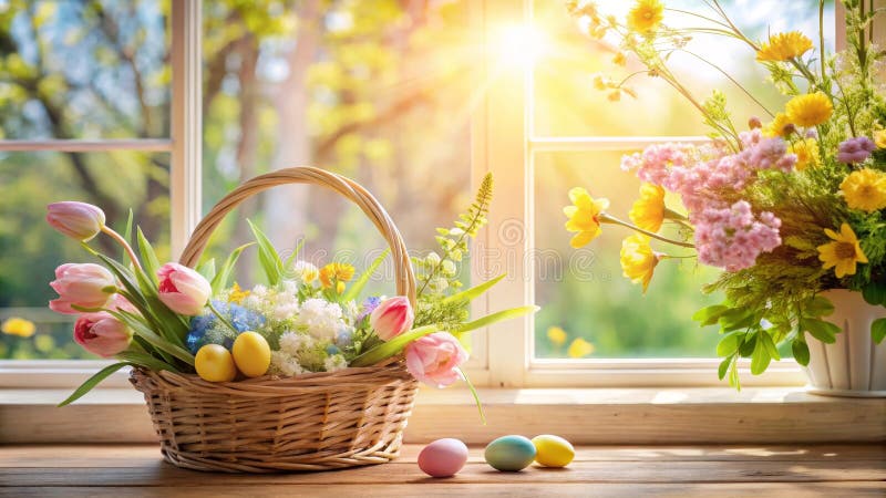 Springtime Basket of Tulips and Easter Eggs on Window Sill. Generative ...