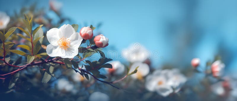 Springtime Beauty: Blooming Rose Bush Border on Blue Background ...