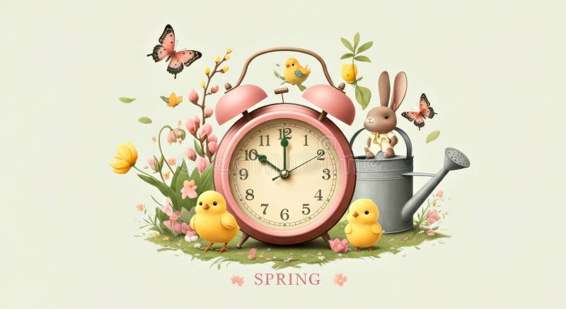Springtime Bliss: Alarm Clock, Birds, and Bunnies in a Whimsical Garden ...