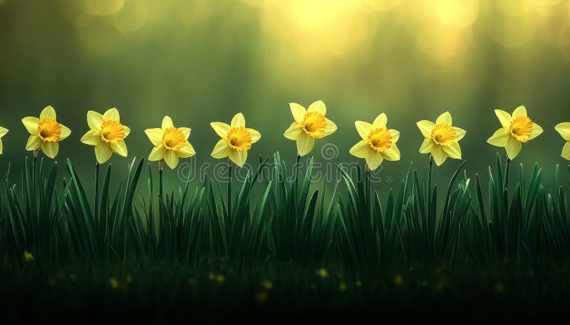Springtime Bloom Row of Bright Yellow Daffodils in Soft Morning Light ...