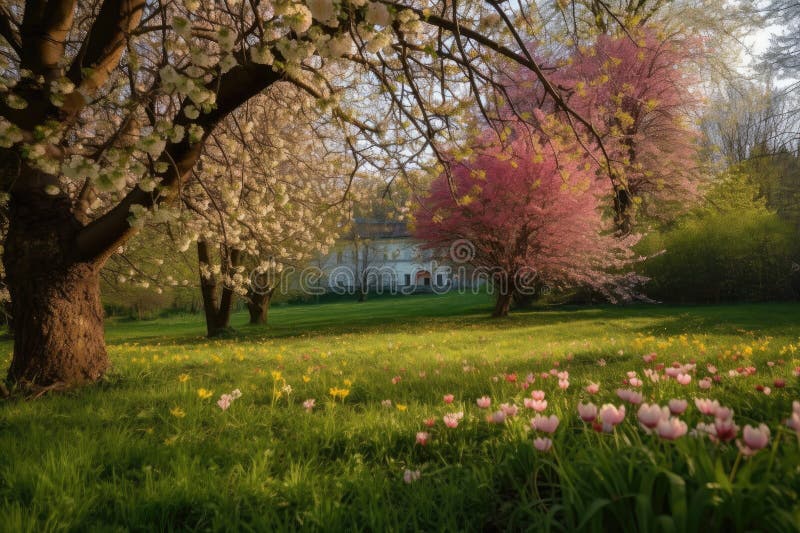 Springtime, with Blooming Flowers and Budding Trees Stock Image - Image ...