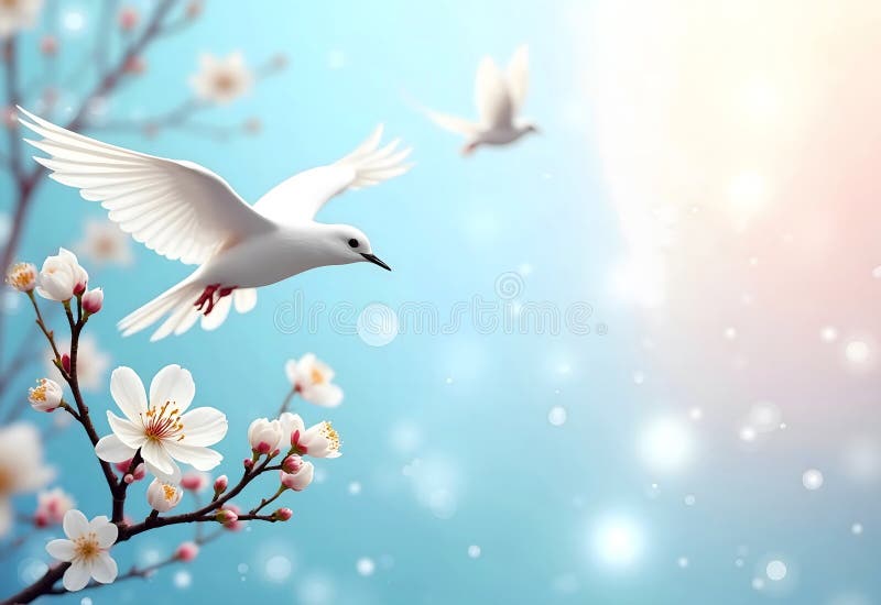Springtime Blossoms and Flying Doves Scene. Stock Photo - Image of ...