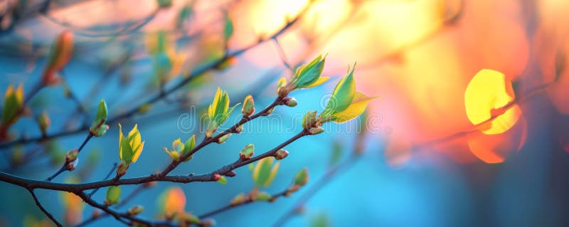 Springtime Buds Opening on a Tree Branch at Sunset Stock Image - Image ...