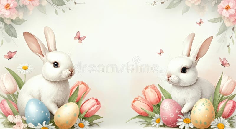 Springtime Bunnies with Easter Eggs Amidst Floral Blooms and ...