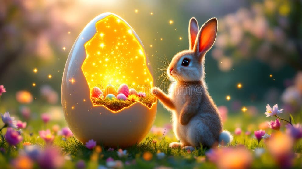 Springtime Bunny with Magical Egg in Flowering Meadow. Easter Concept ...