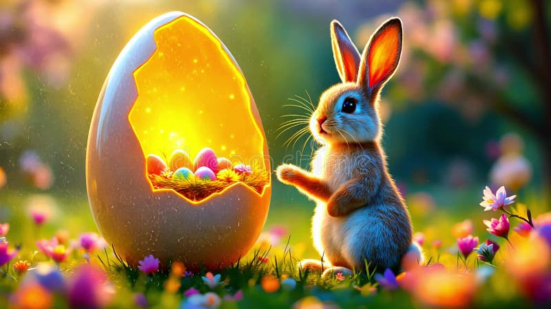 Springtime Bunny with Magical Egg in Flowering Meadow. Easter Concept ...