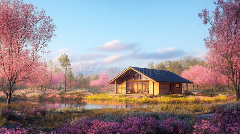 Springtime Cabin Lakeside Blossom Peaceful Retreat Stock Illustration ...