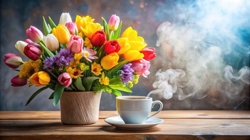 Springtime Coffee Break a Vibrant Bouquet Brightens Your Morning ...