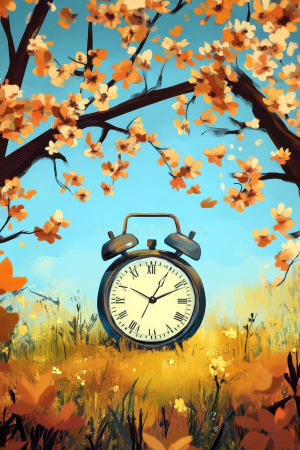 Springtime Concept with Vintage Clock in Blooming Meadow for Daylight ...