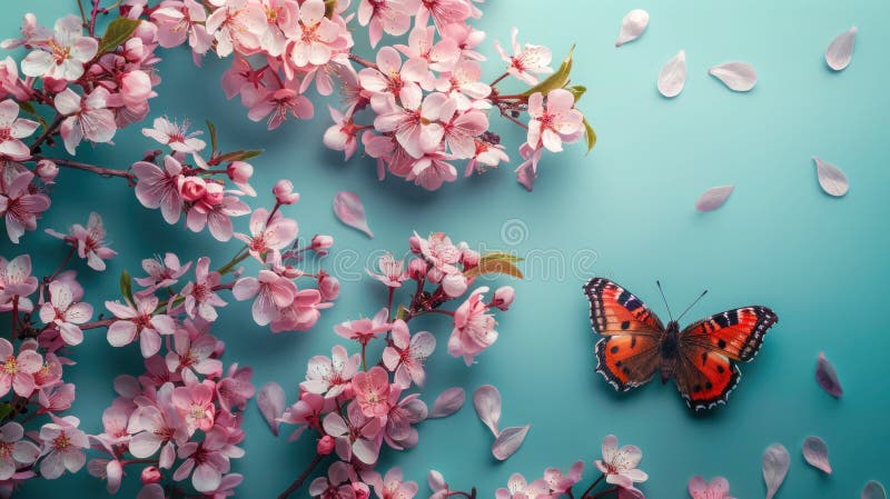 Springtime Delight: Butterfly and Blossom on Turquoise Background - Top ...