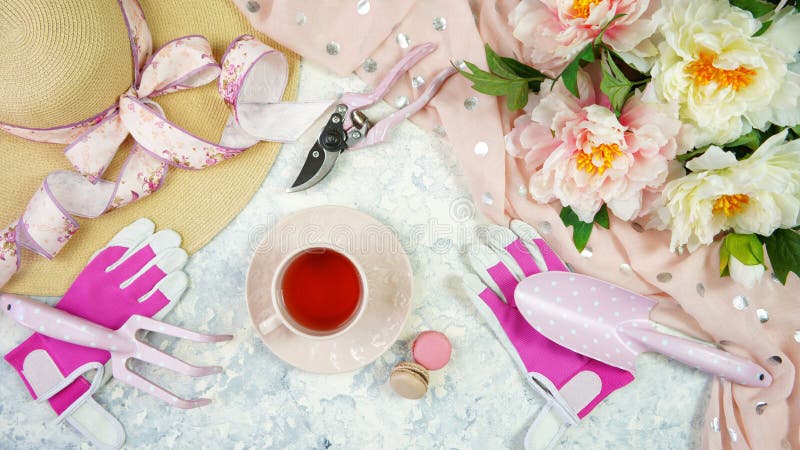 Springtime Desktop Workspace Blog Header Overhead Flat Lay. Stock Photo ...