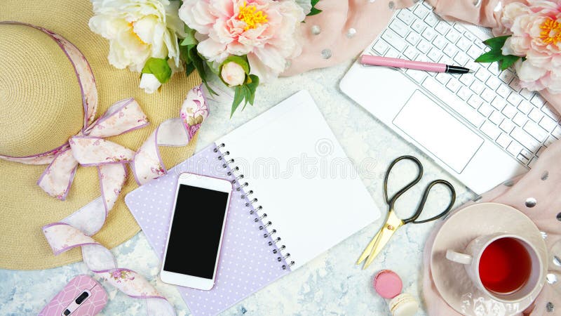 Springtime Desktop Workspace Blog Header Overhead Flat Lay. Stock Image ...