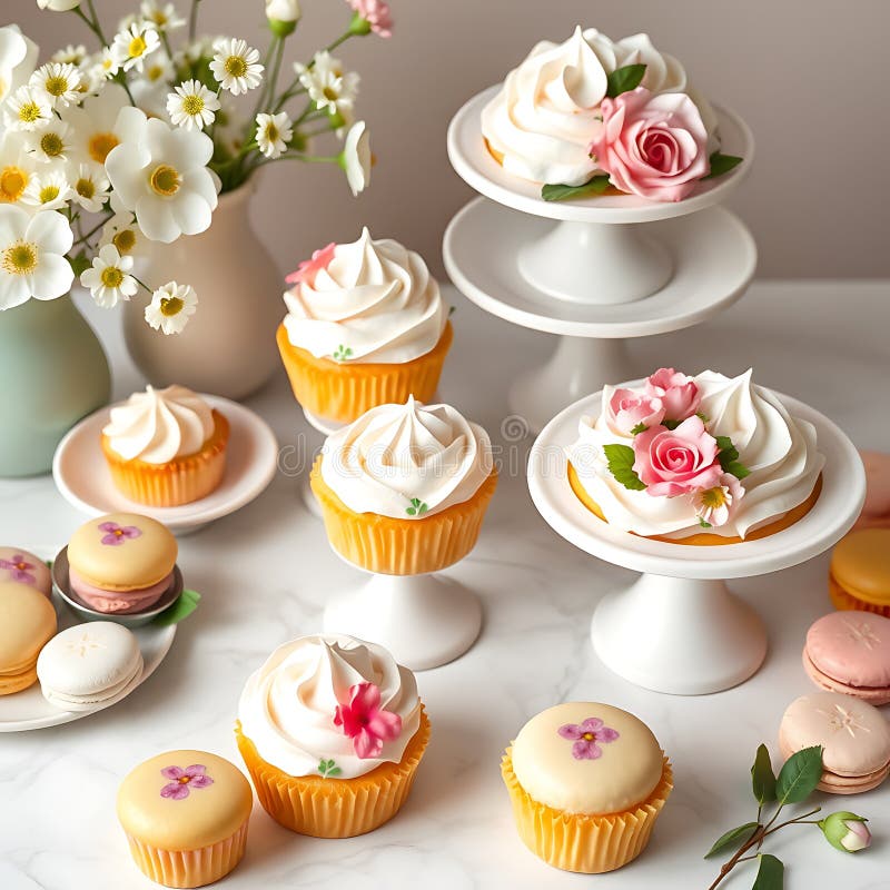A Springtime Dessert Table with Floral Patterned Cupcakes Lemon ...