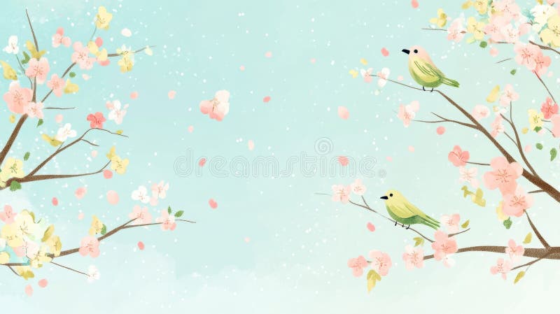 Springtime Doodle Featuring Blossoms and Cheerful Birds in a Serene ...