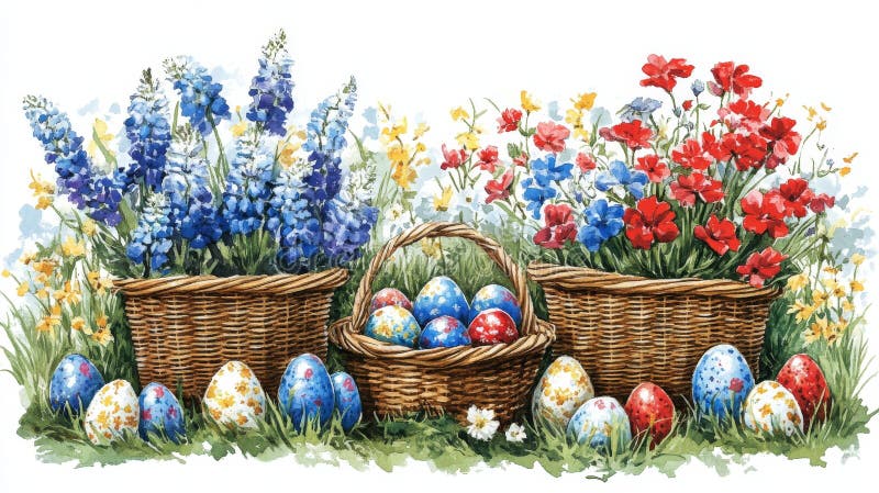 A Springtime Easter Basket Overflowing with Brightly Colored Eggs, Set ...