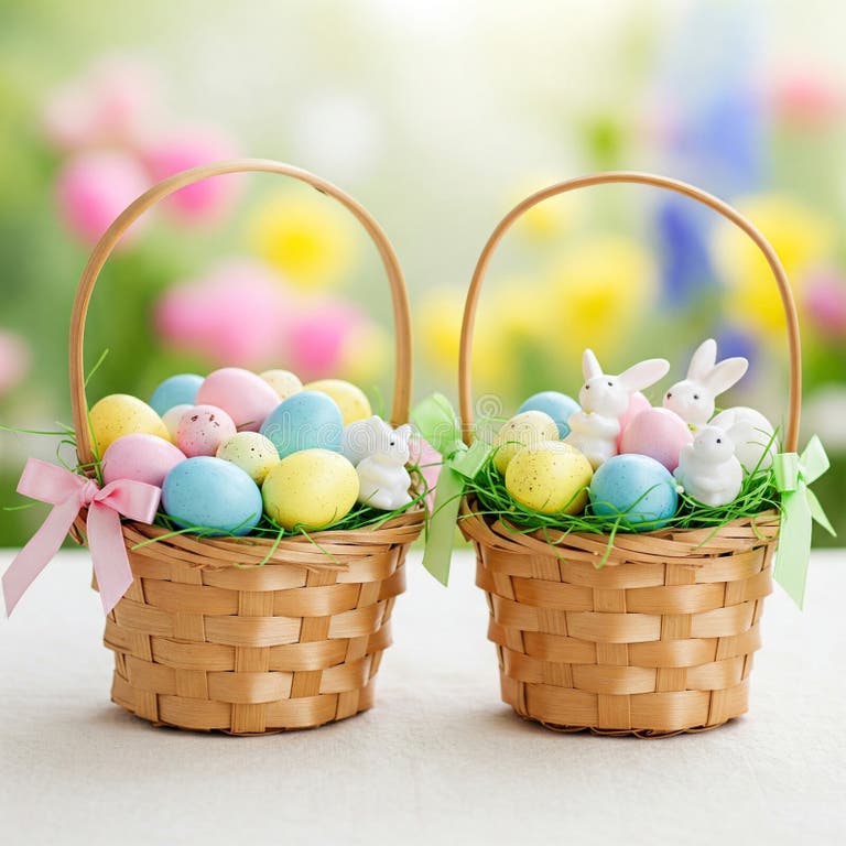 Springtime Easter Baskets with Floral Background Stock Illustration ...
