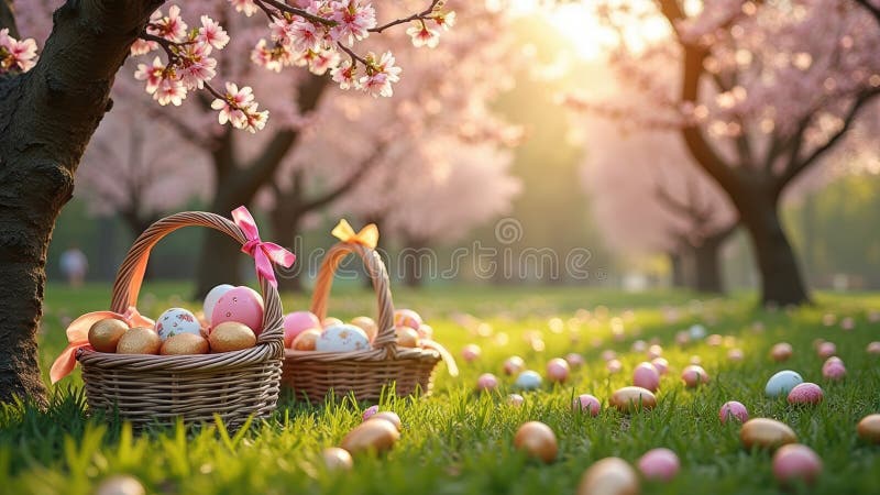 Springtime Easter Egg Hunt Under Blooming Cherry Blossom Trees Stock ...
