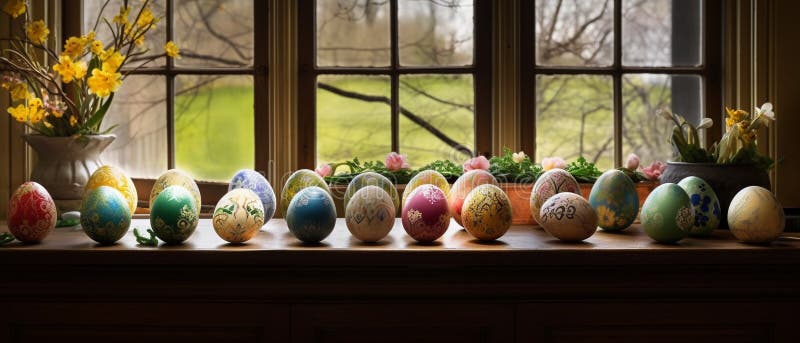 Springtime Easter Eggs with Garden View. Generative AI Stock ...