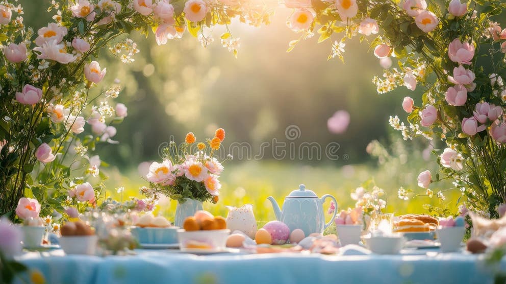 Springtime Easter Garden Tea Party Setup Stock Illustration ...