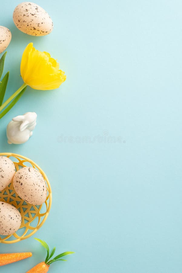 Springtime Easter Layout. a Vertical Top View of Eggs in a Bowl, Bunny ...