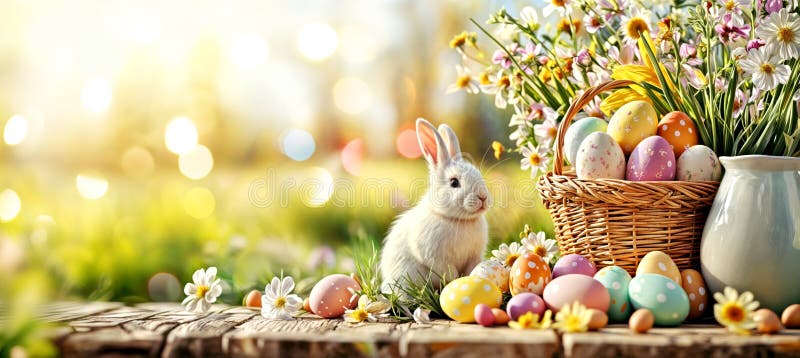 Springtime Easter Scene with Bunny and Colorful Eggs in Blooming Meadow ...